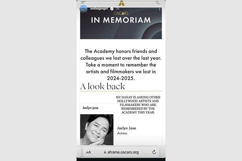 Jaclyn, kabilang sa in memoriam ng Oscars | Pilipino Star Ngayon